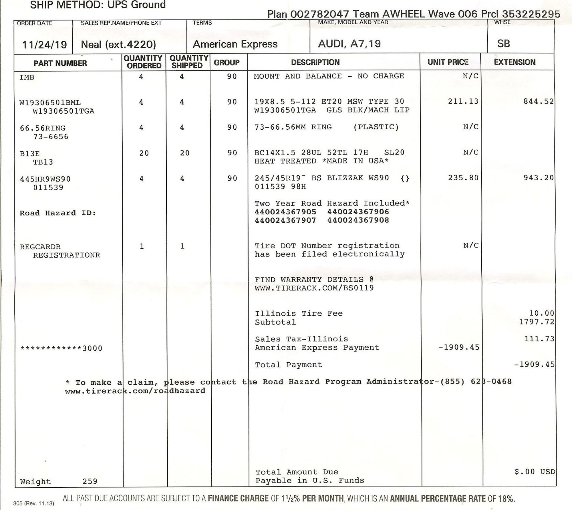 Bridgestone Blizzak 245/45R19 98H snow tires on black 19x8.5 wheels ...