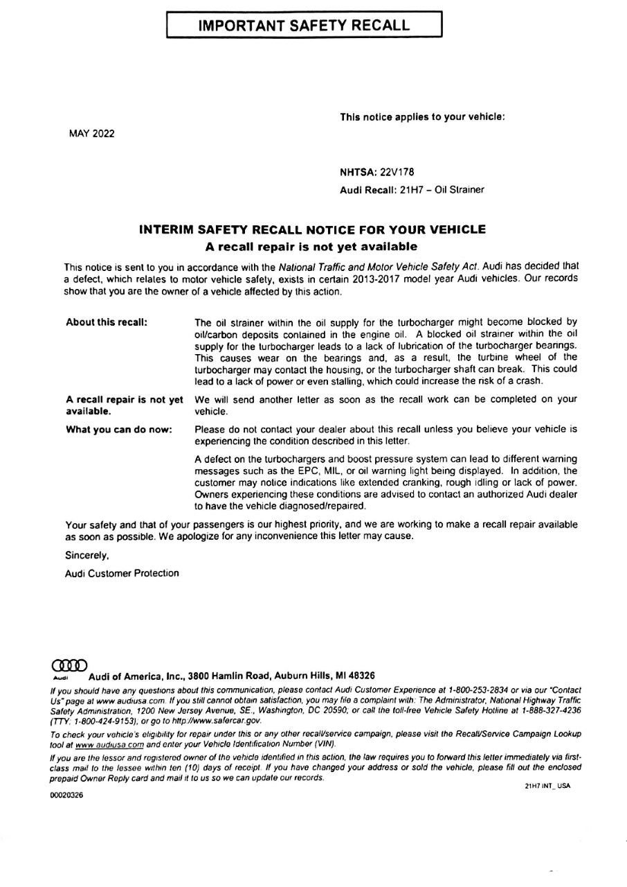 Announcing the 2013-2017 A8 OIL SCREEN RECALL!!!! - AudiWorld Forums