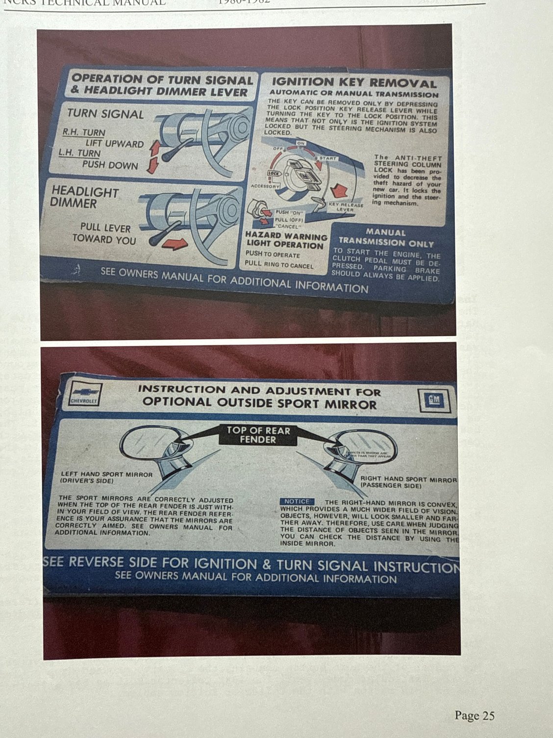 WTB (Want To Buy) 1982 Corvette Sun Visor Card (Ignition / Sport Mirror Operation ...