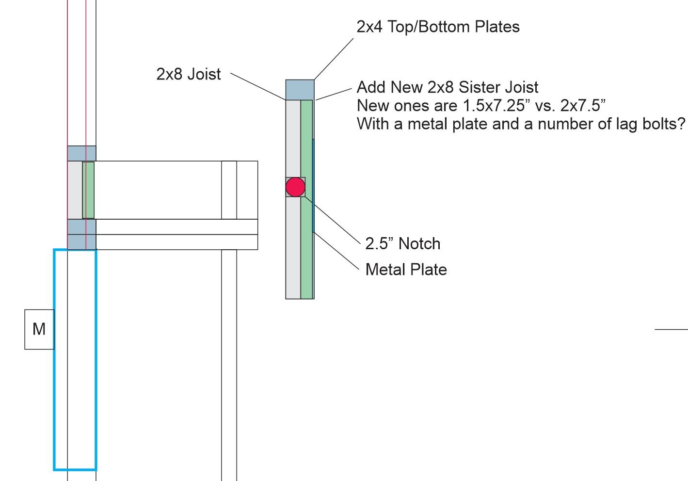 Notching Exterior wall floor joist and plates between two floors for ...