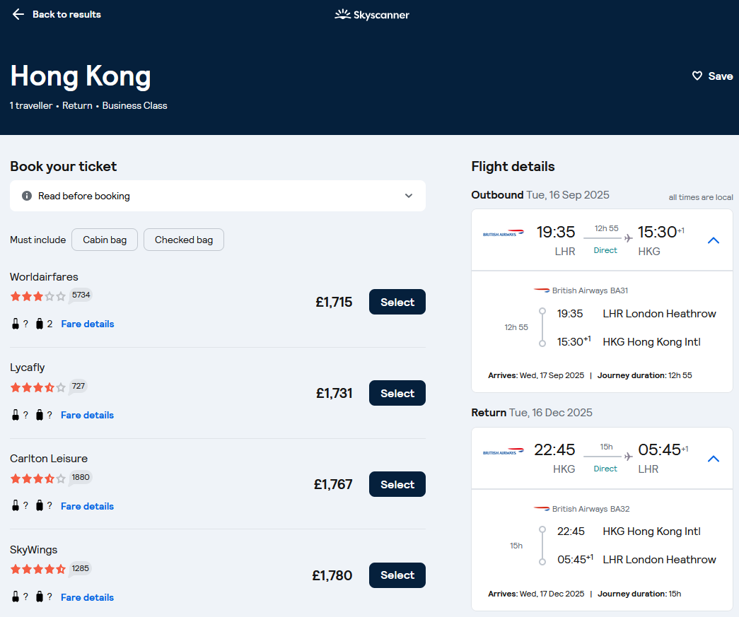 BA: LHR-HKG (direct), I class, GBP 1715 return - FlyerTalk Forums