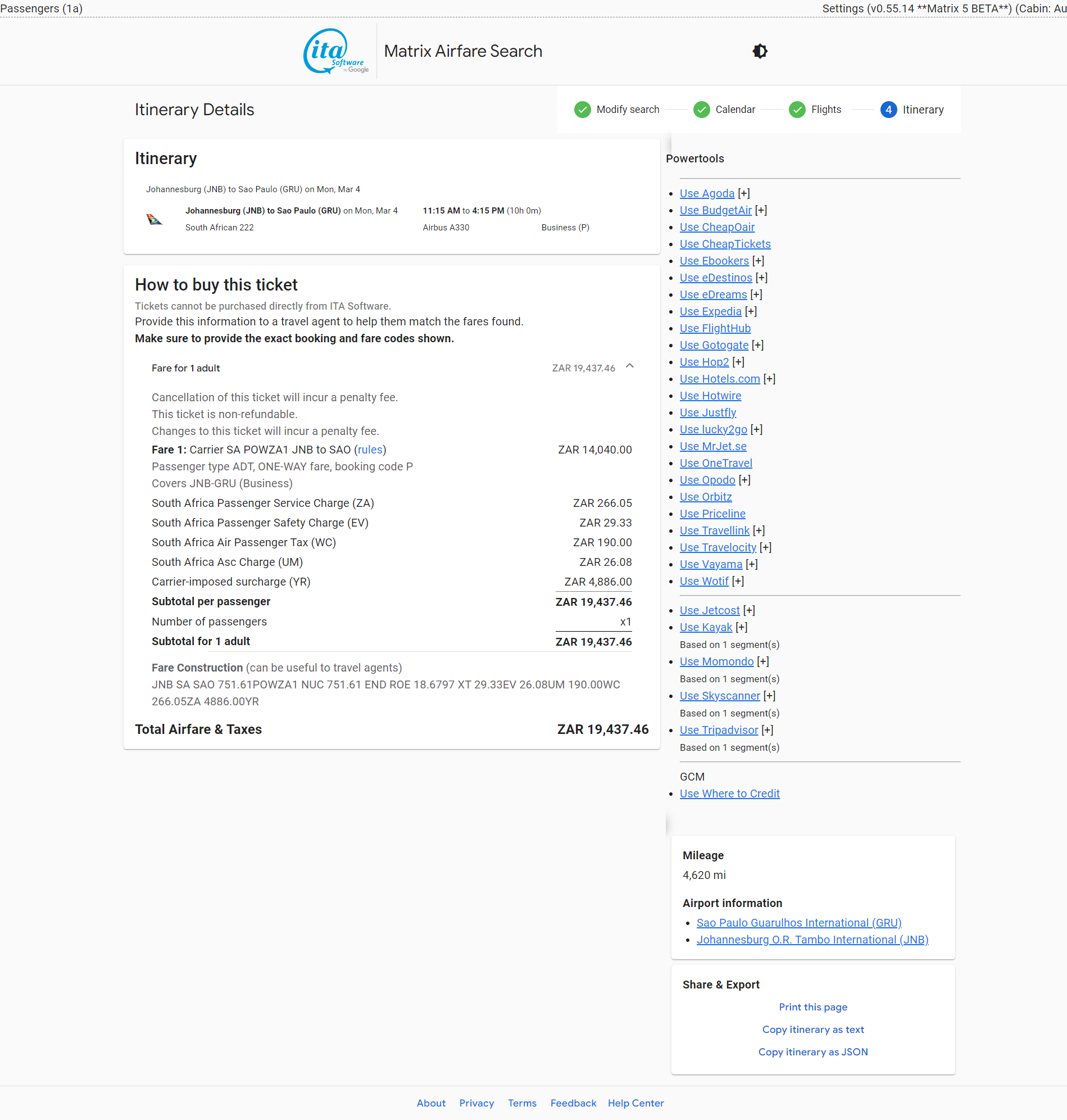 SA - JNB/CPT-GRU - 19438 ZAR / $1029 one-way or $2042 r/t - Business - FlyerTalk Forums