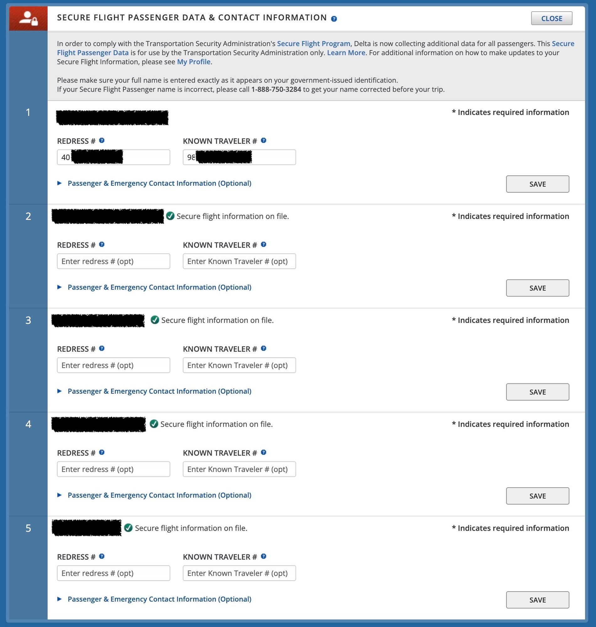 "Secure flight information on file" not showing for one passenger on record - FlyerTalk Forums
