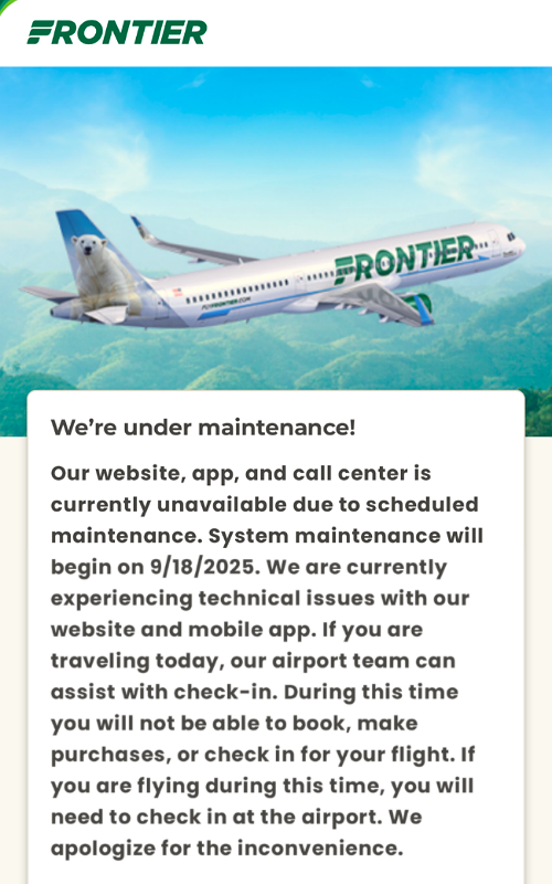 Frontier app and web site major outage 9/18 - FlyerTalk Forums