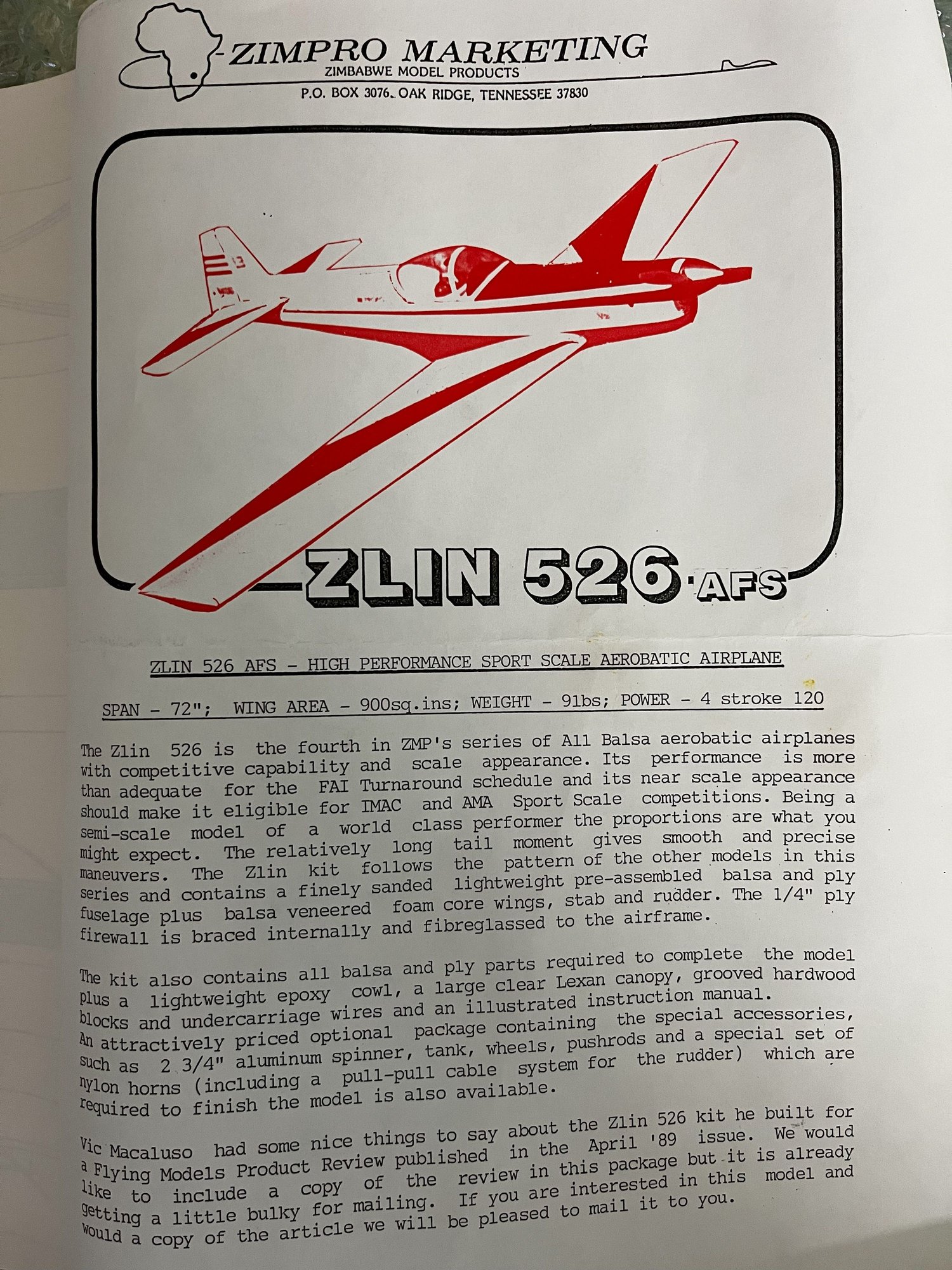 Model Products (ZIMPRO MARKETING) Zlin 526 new in-box ARC kit - RCU Forums